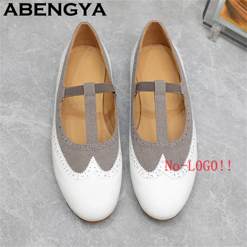 ABENGYA Round Toe Ballet Dance Flat Shoes Women Black White Stitching ...