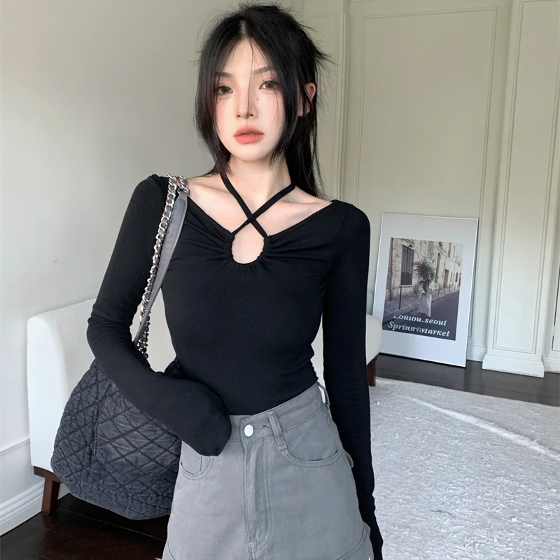 Autumn Korean Fashion Y2K T-shirt Woman Japanese halter Bandage V-neck ...