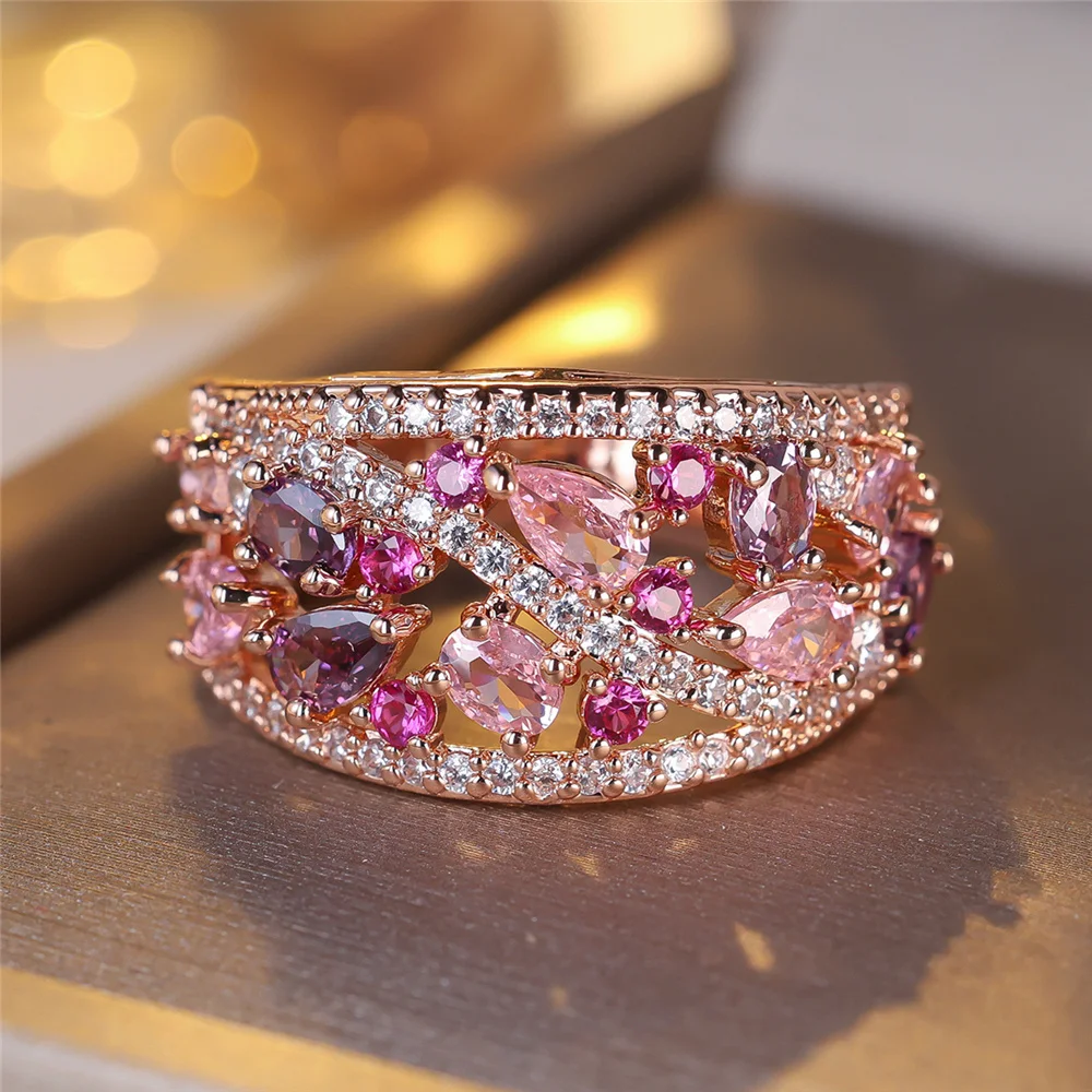 Trendy Purple Pink Zircon Wide Vintage Rose Gold Color Wedding Bands ...