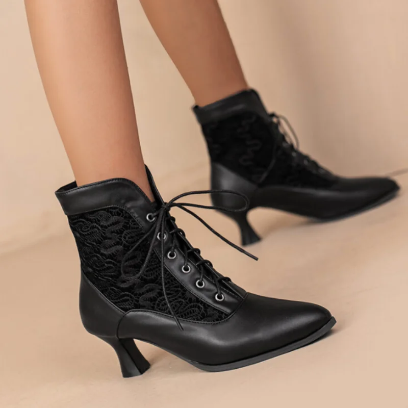 Women-Victorian-Pointed-Toe-Ankle-Boot-Fashion-Leather-Lace-Up-Spliced ...