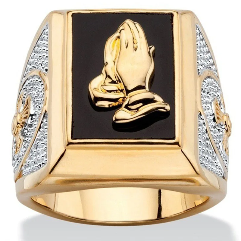 Gold-Plated-Stainless-Steel-Ring-For-Men-Trend-Personality-Praying-Hand ...