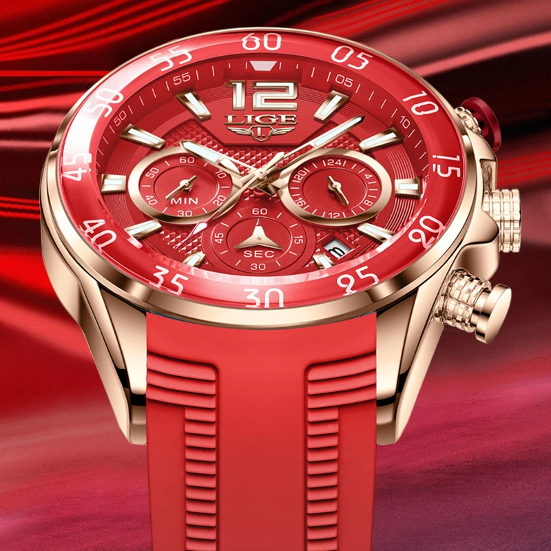 LIGE Mens Watches Top Brand Luxury Red Silicone Watch Men Waterproof ...