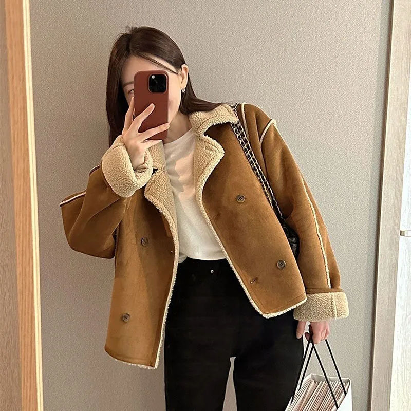 Xpqbb-Korean-Style-Lambs-Wool-Jackets-Ladies-Vintage-Turndown-Collar ...