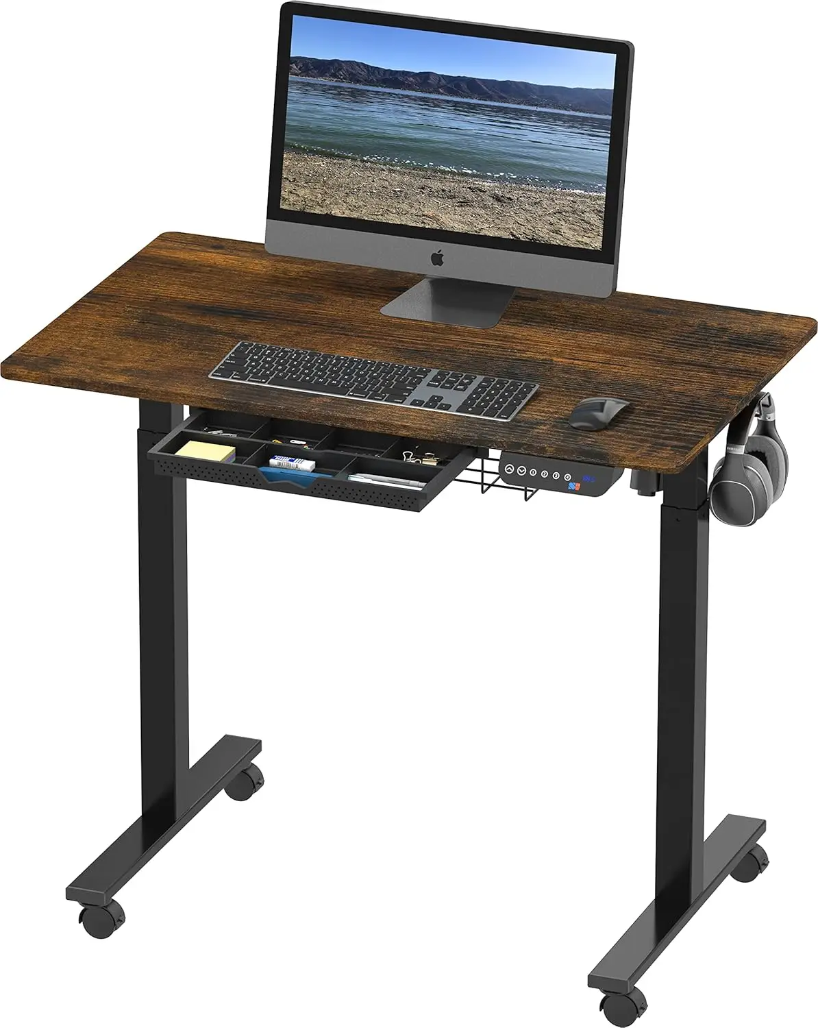 Height-Adjustable-Mobile-Sit-Stand-Desk-with-Drawer-Hanging-Hooks-and ...