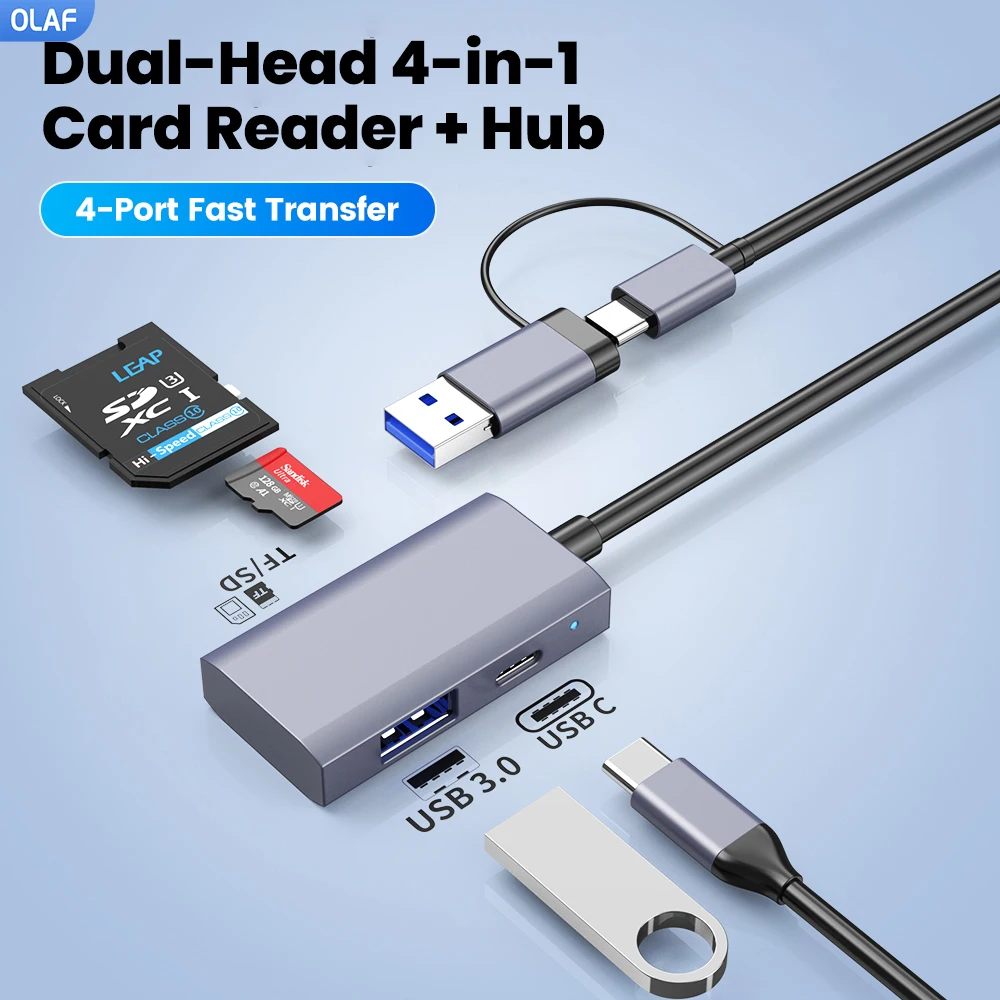 4 in 1 Card Reader Dual-Head Hub USB 3.0 TF SD Card Reader USB Type C ...
