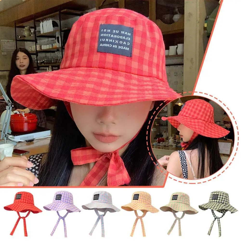 Retro-Plaid-Bucket-Hat-With-Wide-Brim-Strap-Sunblock-Hat-Women-Summer ...