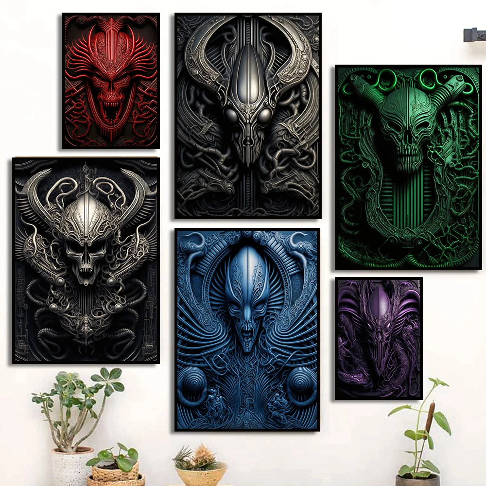 Abstract-Metallic-Alien-Horror-Hr-Giger-Li-II-Canvas-Painting-Wall-Art ...