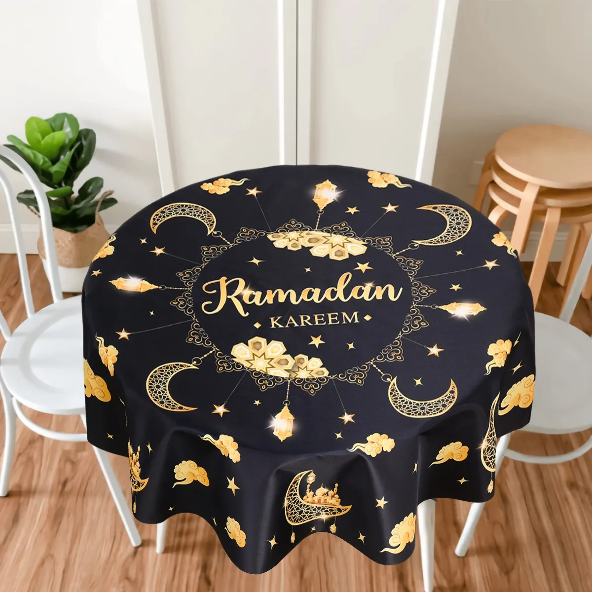 150cm Polyester Round Waterproof Cover Table Decor Eid Mubarak ...