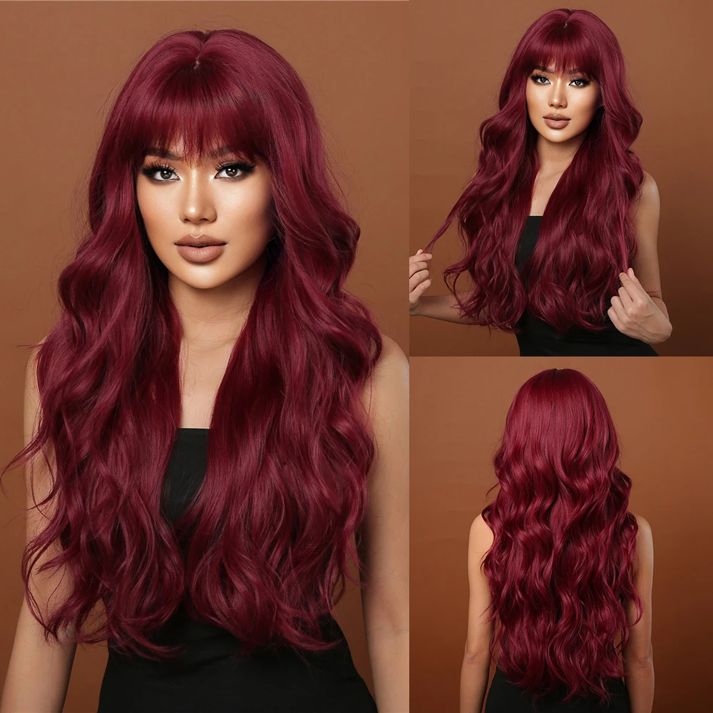 Wine-Red-Synthetic-Wigs-Burgundy-Long-Wavy-Wigs-with-Bangs-for-Black ...