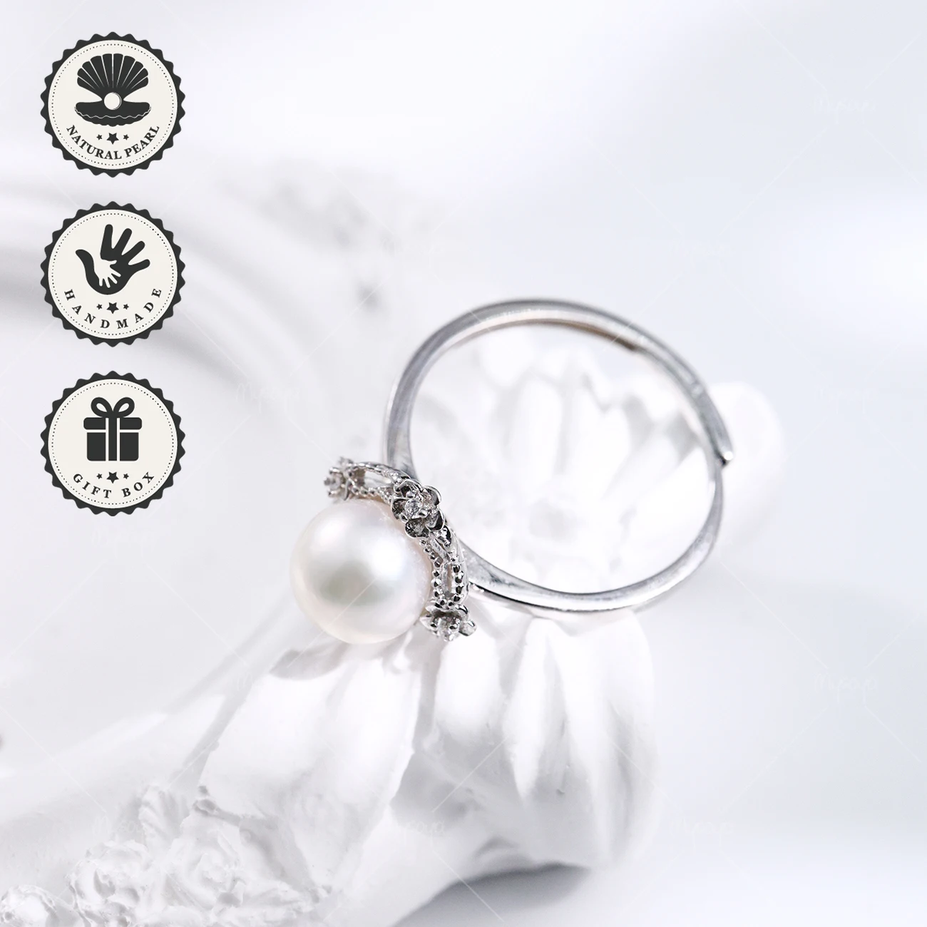 MYSOYA 8-8.5mm Akoya White Pearl Geometric Openwork Open Ring S925 With ...