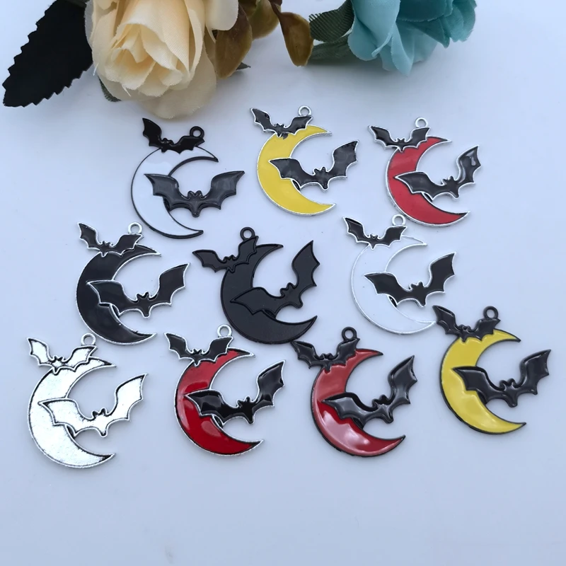 5pcs 31x31mm Enamel Halloween Bat Moon Charm for Jewelry Making Fashion ...