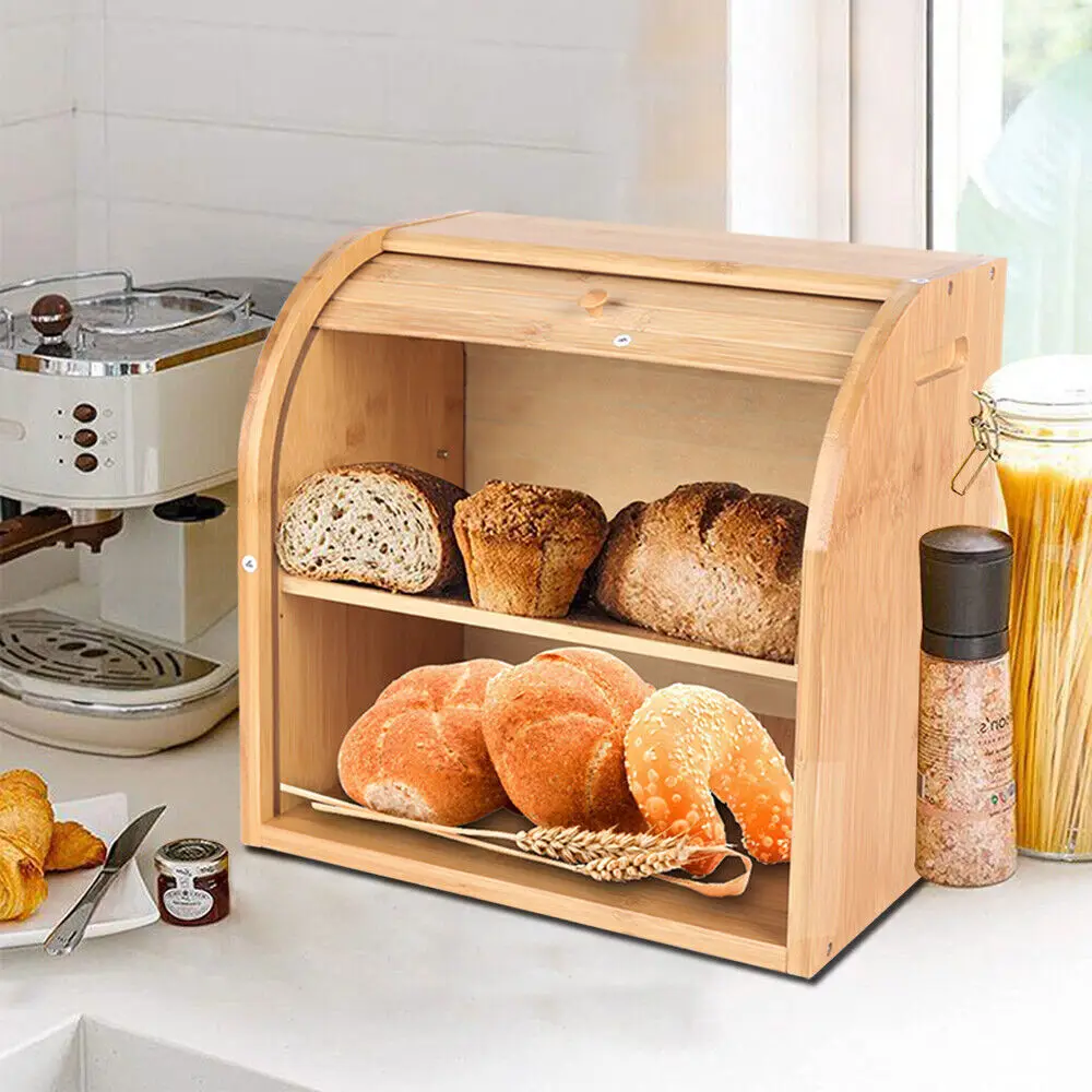 2-Layer Bamboo Wood Bread Box Bread Keeper With Lid Commercial Bread ...