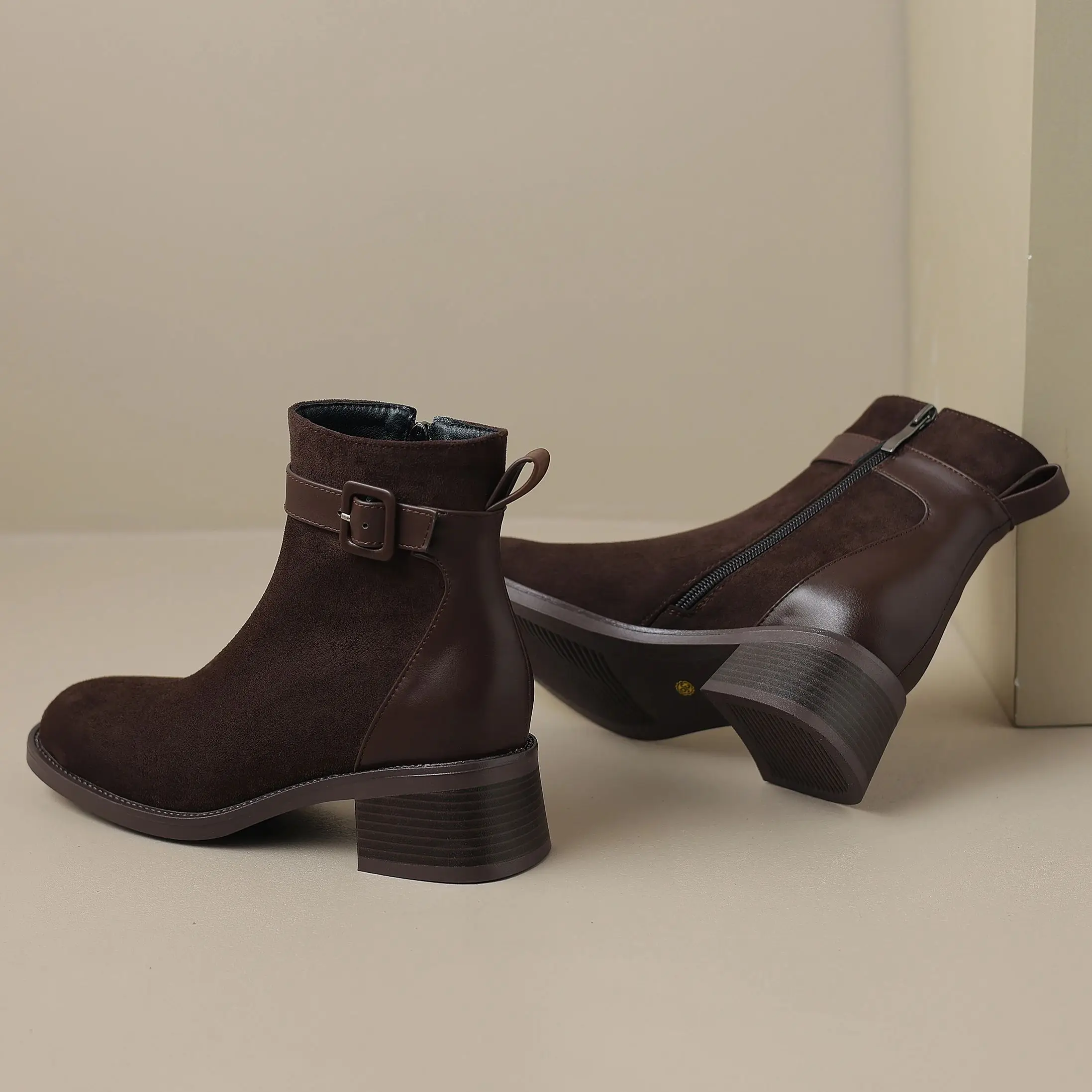 French-Retro-Simple-Women-s-Boots-Suede-Material-Calf-Height-Round-Toe ...