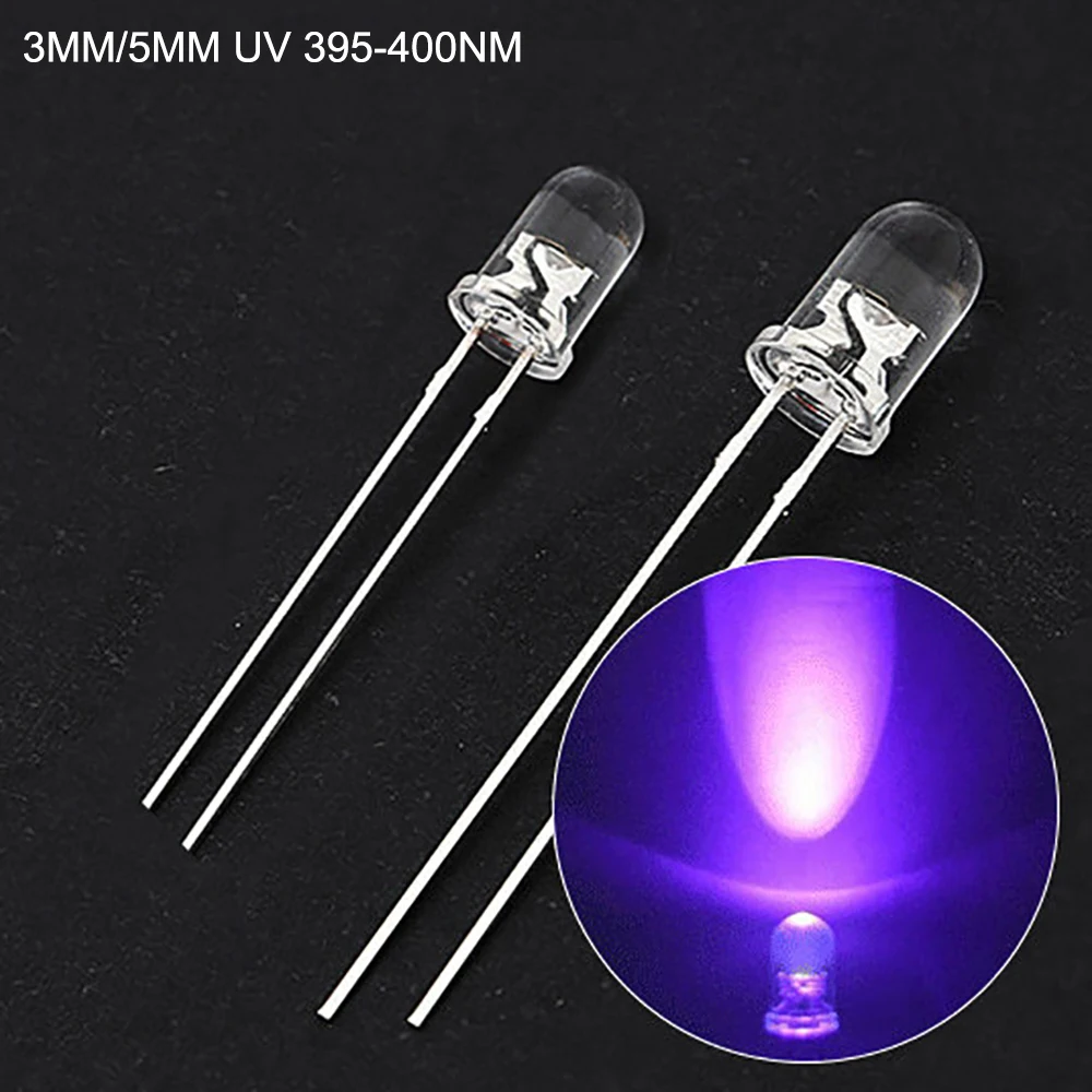 100PCS-UV-LED-Diode-DIP-3mm-5mm-Diodes-Clear-UV-395nm-LED-Ultraviolet ...