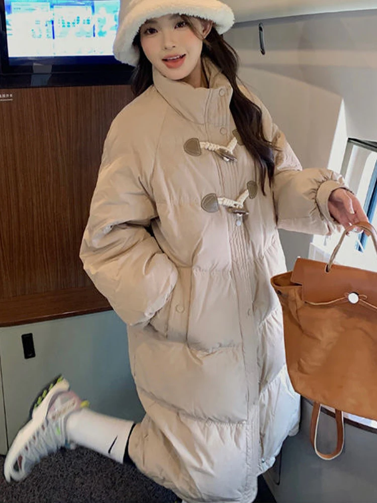 Winter-Long-Jacket-Women-Casual-Horn-Botton-Zipper-Down-Padding-Coat ...