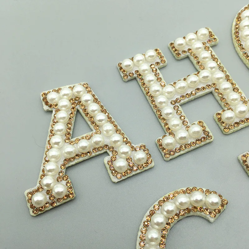 3D Beaded A Z Pearl Rhinestone English Letter Patches Glitter Gold ...