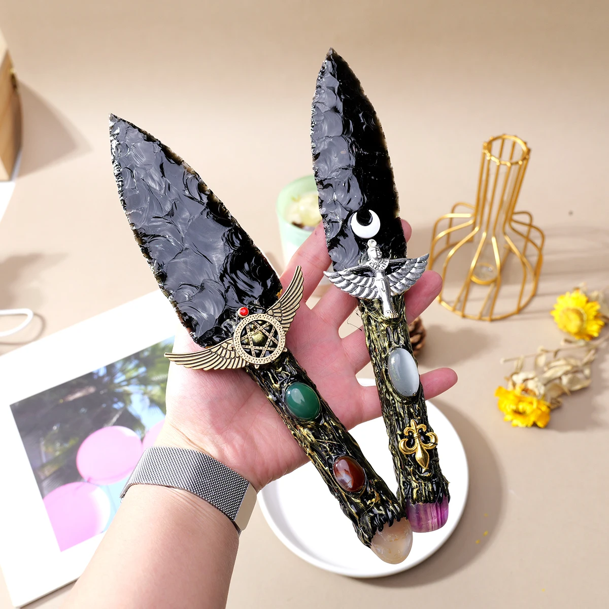 1PC-Natural-Obsidian-Crystal-Knife-Black-Ninja-Dagger-Polished-Energy ...