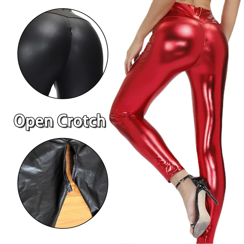 Woman Sexy Leather Open Crotch Leggings Elastic Skinny Flash PU Panties Hidden Zipper Long Pants ...