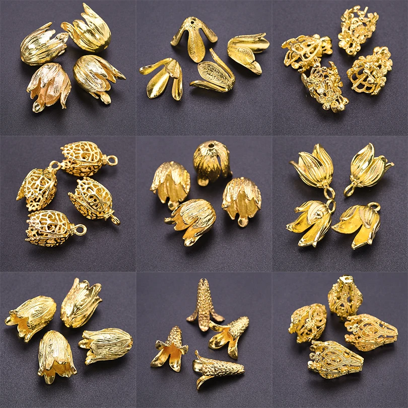 Vintage-10pcs-Flower-Golden-Beads-Caps-Charms-Raw-Brass-Tulip-Lily ...