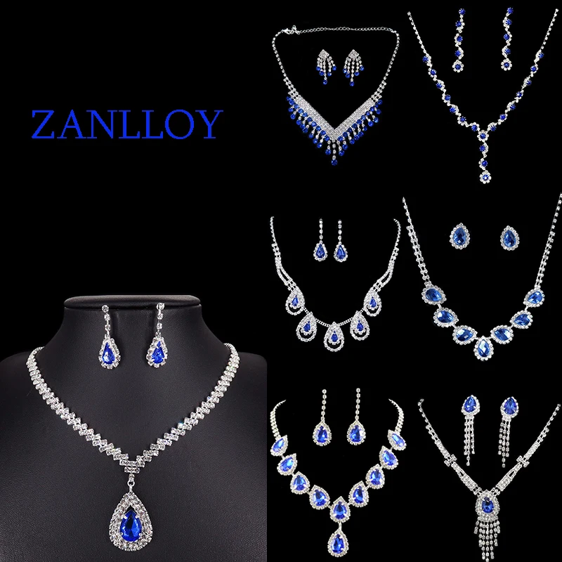 Luxury-Blue-Rhinestone-Silver-Plated-Wedding-Party-Necklace-Earrings ...