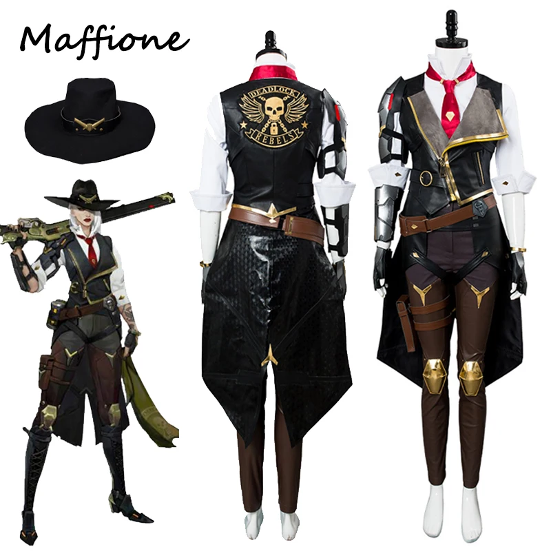 OW-Ashe-Cosplay-Anime-Costume-Top-Pants-Hat-Set-Clothing-Outfit-Adult ...