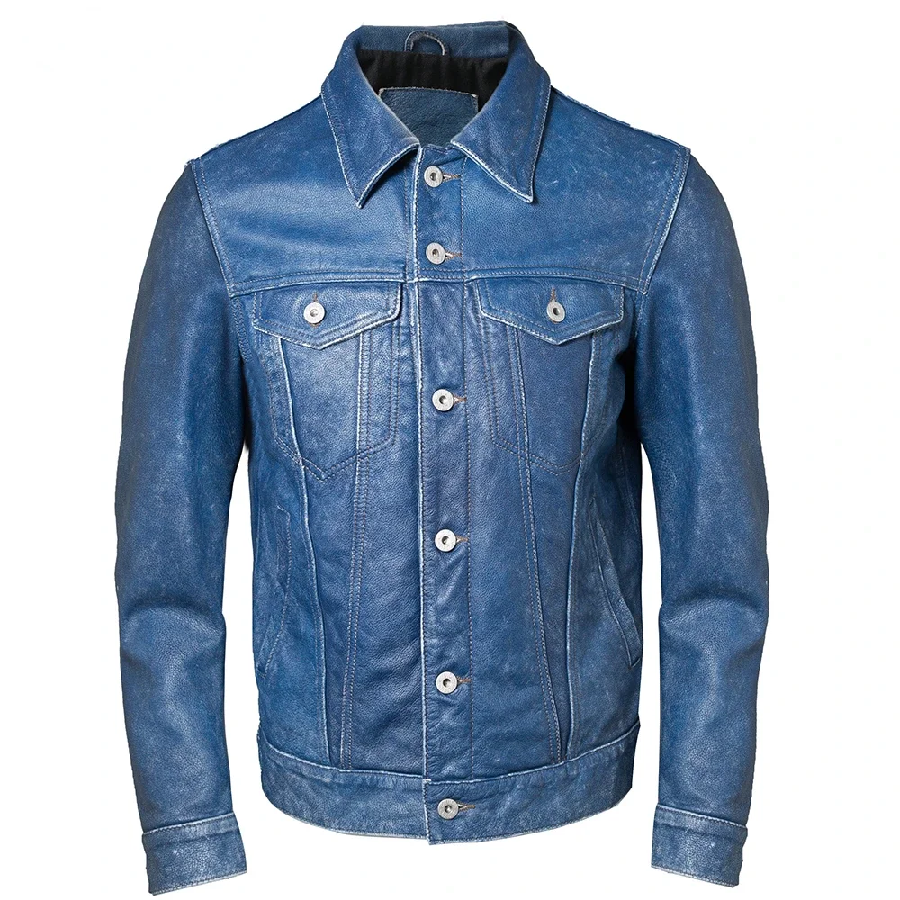 Vintage-Blue-Men-Leather-Jacket-Slim-Fashion-100-Natural-Cowhide ...