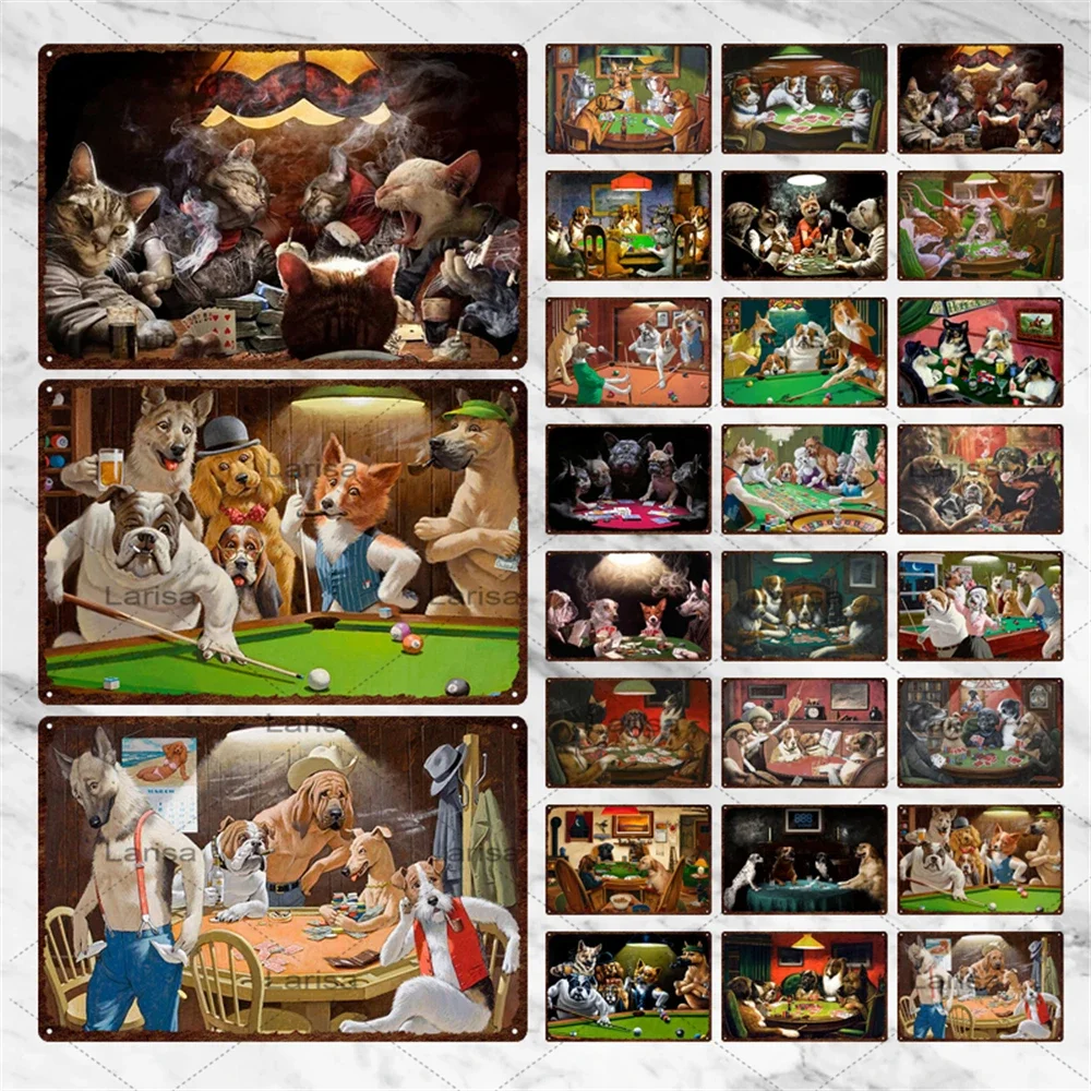 Dogs Playing Poker Game Metal Plaque Animals Playing Billiards Tin Sign ...