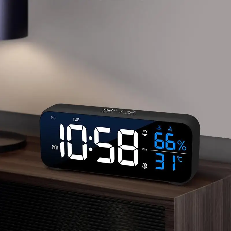 Music-LED-Digital-Alarm-Clock-Voice-Control-Snooze-Temperature-Humidity ...