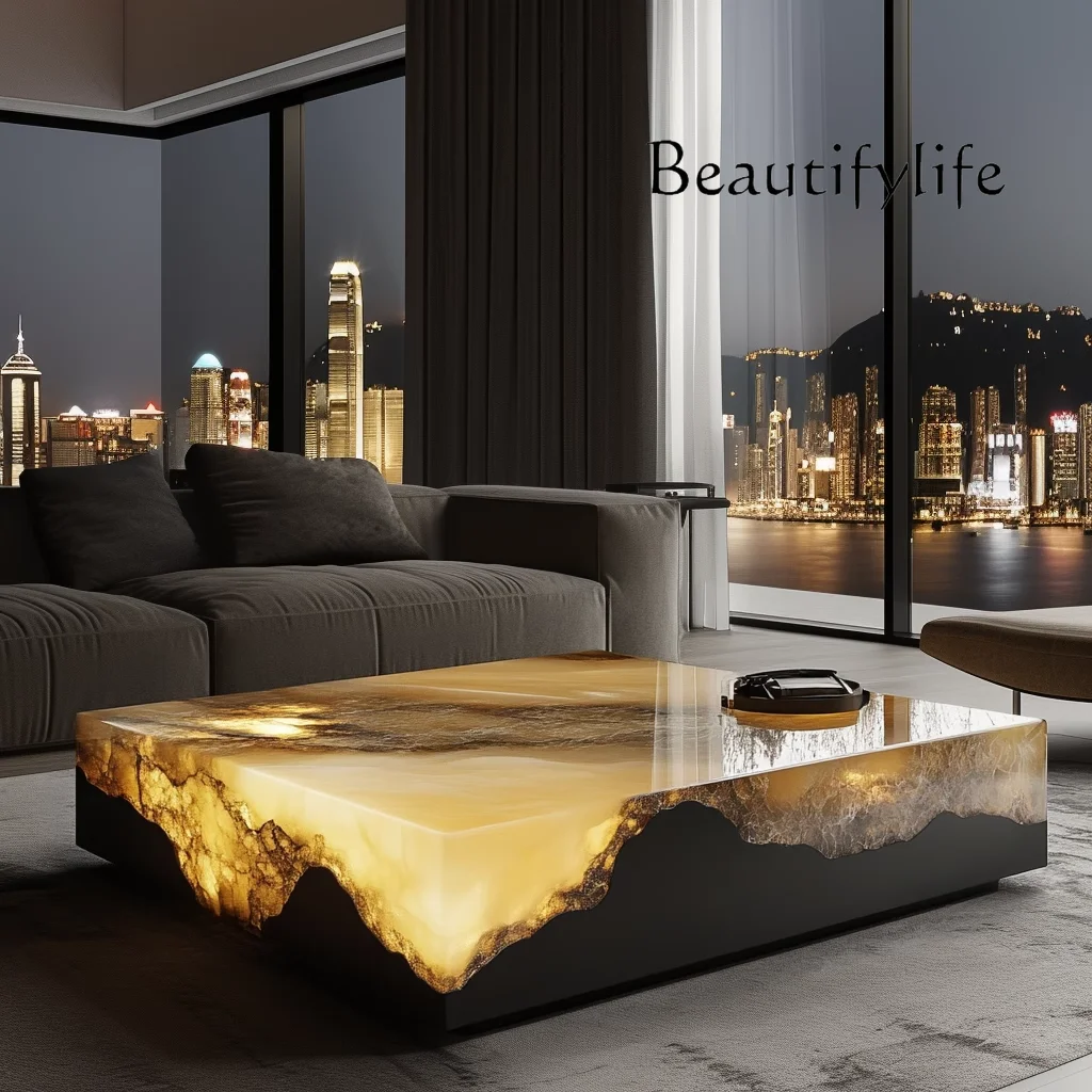 Square luminous jade coffee table leather light luxury modern ...