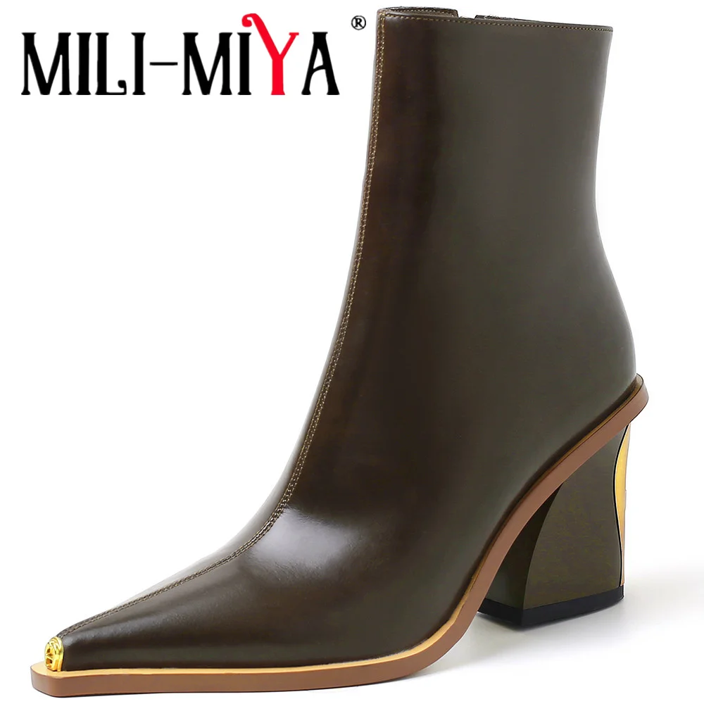 MILI-MIYA Classic Pointed Toe Thick Heels Women Cow Leather Ankle Boots ...