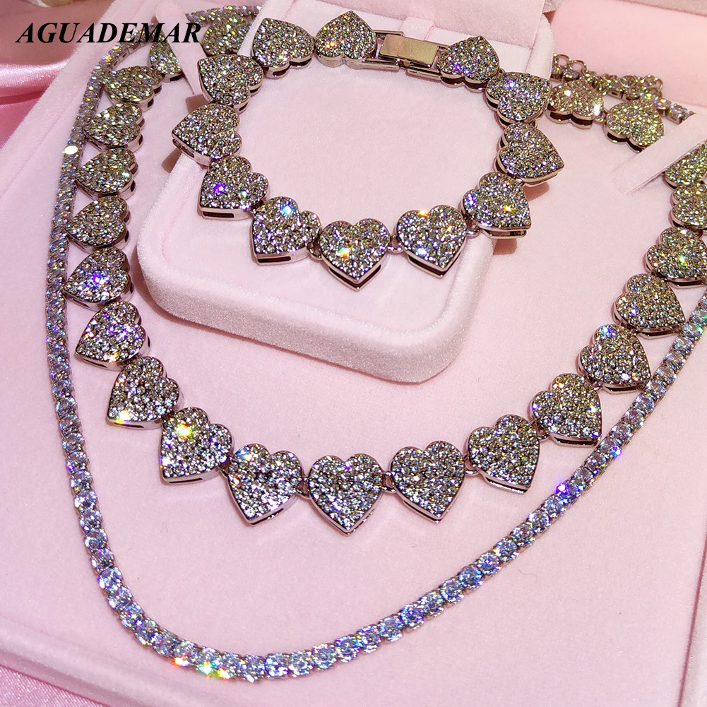 Trendy Bling Heart-shaped Cuban Link Necklace Bracelet For Women Full ...