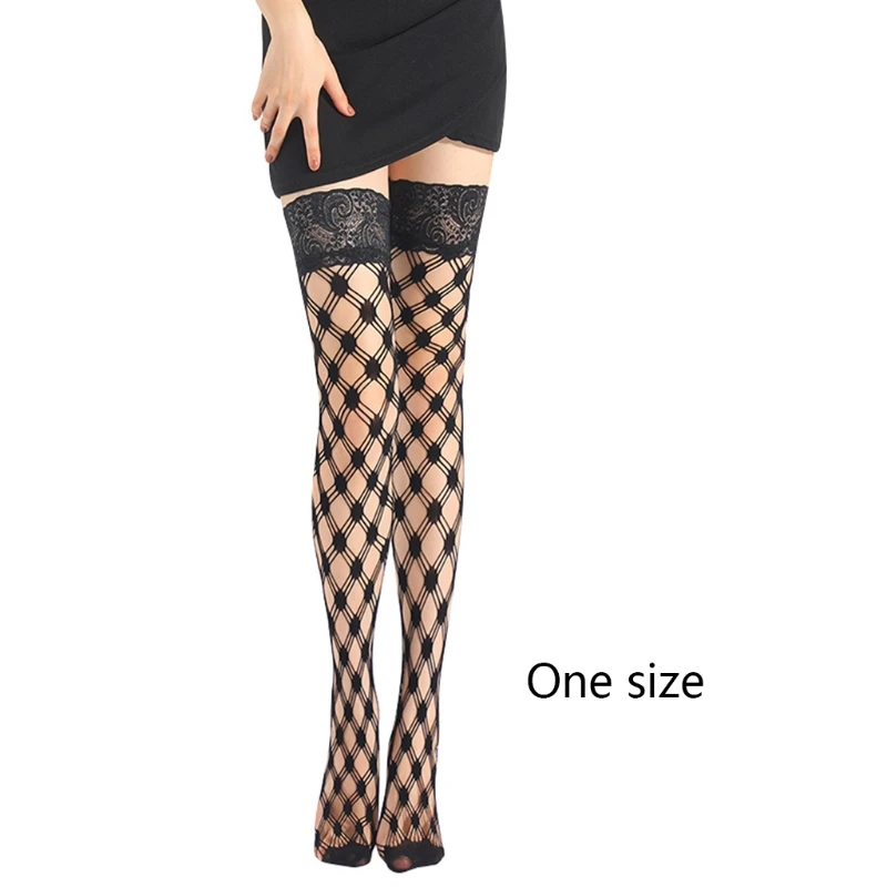 Women Sexy Fishnet Thigh High Stockings With Silicone Lace Top Stay Up Tights Diamond Plaid ...