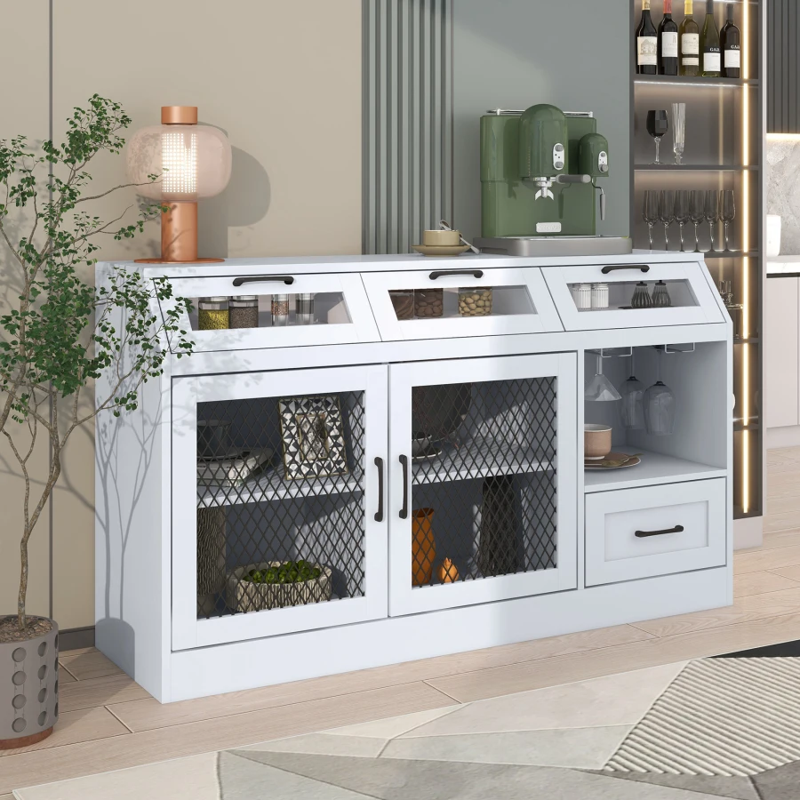White Multifunctional Buffet Cabinet Kitchen Sideboard with 4 Drawers ...