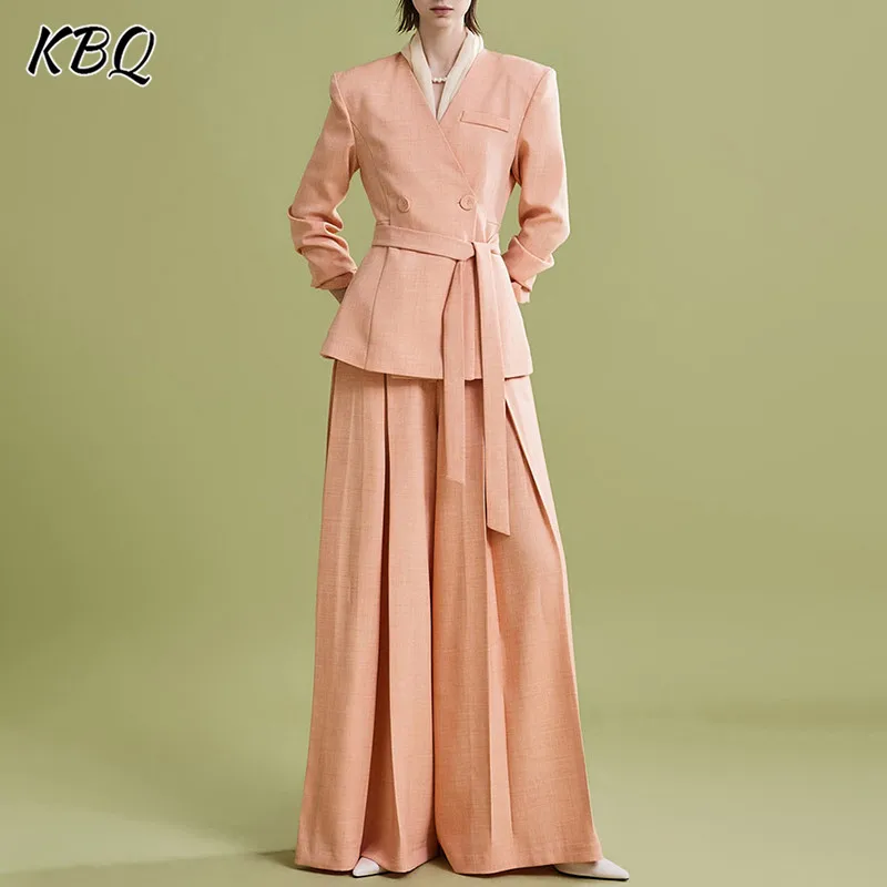 KBQ-Solid-Two-Piece-Set-For-Women-V-Neck-Long-Sleeve-Spliced-Lace-Up ...