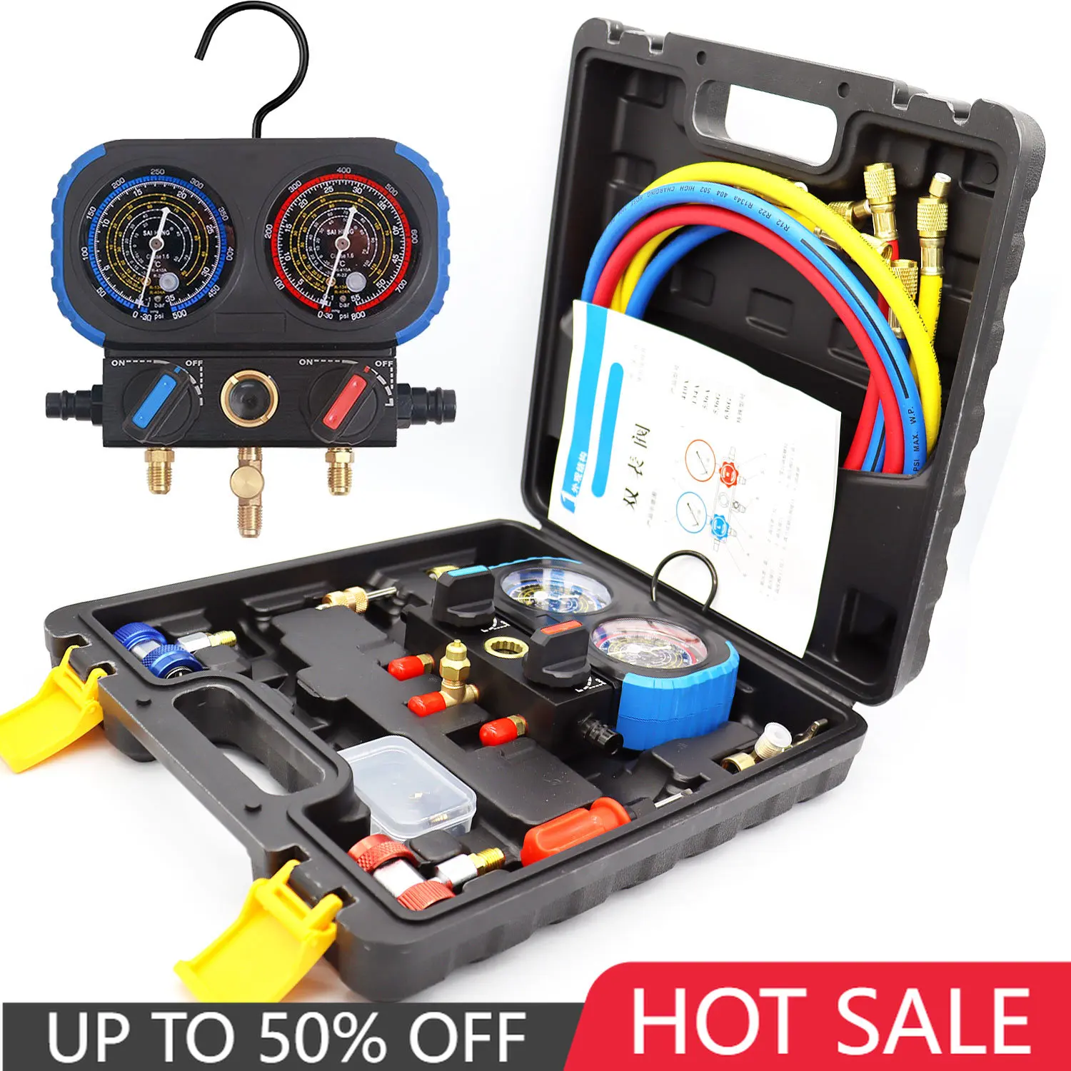 Tool Kit Set Car Air Conditioning Pressure Manifold Gauge Hose Adapter for R22 R-410A R-134a R ...