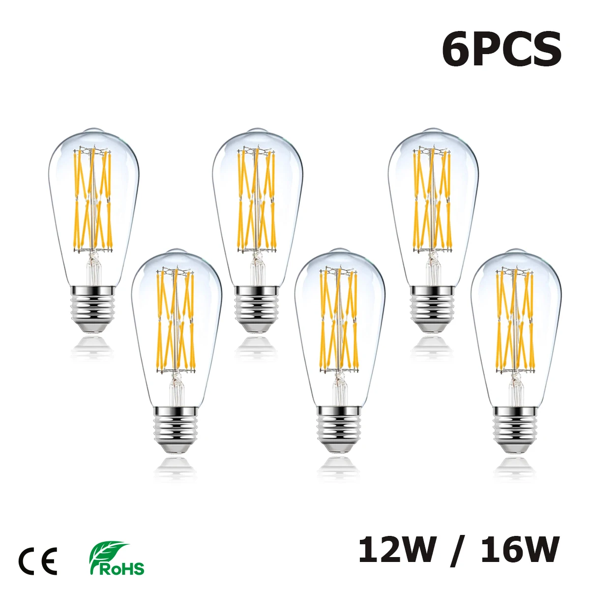 ST64 12W 16W Edison LED Filament Bulb lamp 85-265V E27 Vintage Antique ...