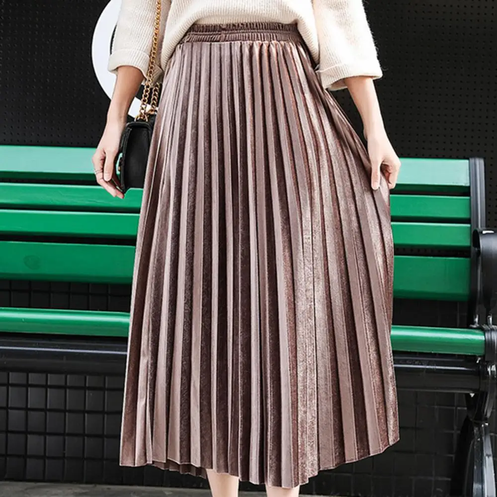 Pleated-Solid-Color-Skirt-Elastic-Chic-Women-Waistband-Velvet-Large ...