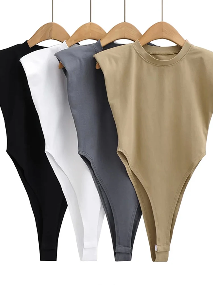 Sexy tops women 2024 Summer one-pieces bodycon bodysuit padded shoulder ...