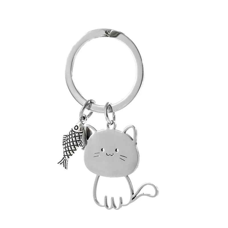 Stainless Steel Cute Cat Key Chain Alloy Fish Key Ring Backpack Bag ...