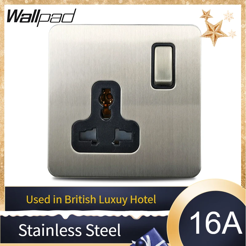 Wallpad 16A Universal Switched Wall Power Socket Brushed Silver Satin ...