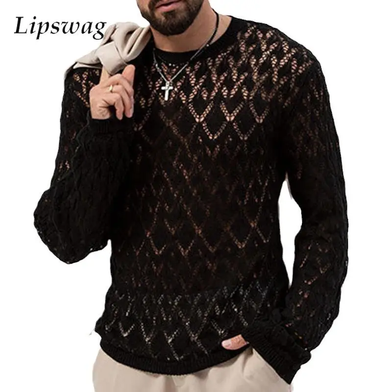 Long-Sleeve-Knit-Jumper-Tops-Men-Fall-Vintage-Embroidery-Hollow-Out-T ...