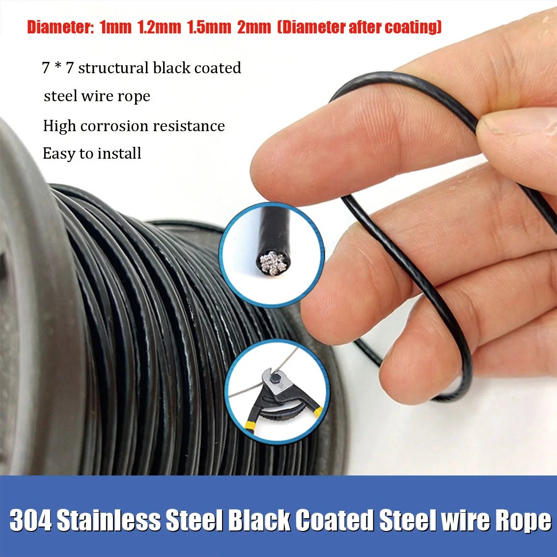 304 Stainless Steel Black PVC Coated Wire Rope After Coating Dia 1mm ...