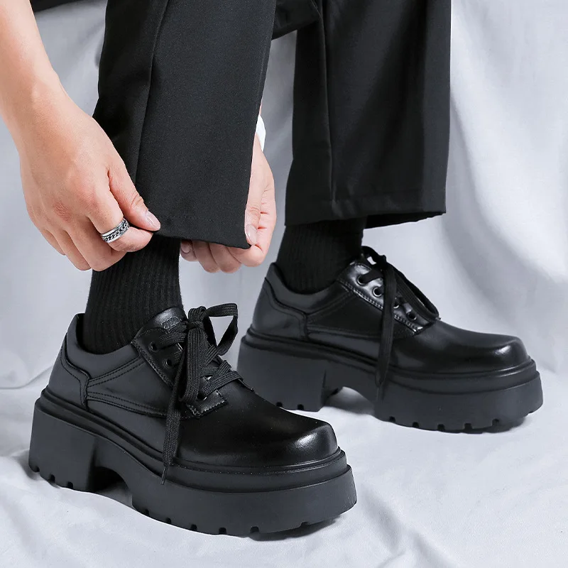 mens casual platform shoes lace-up natural leather oxfords shoe black ...