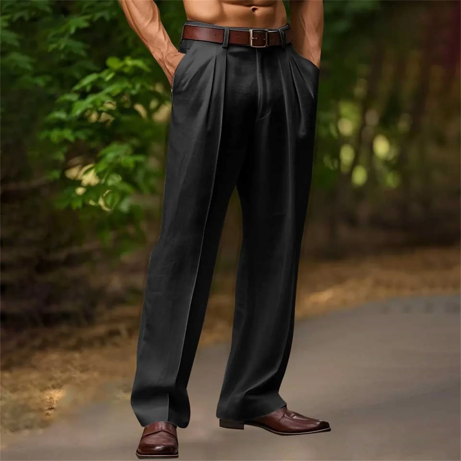 Men's New Casual Loose Straight Leg Long Pants Linen Solid Color ...