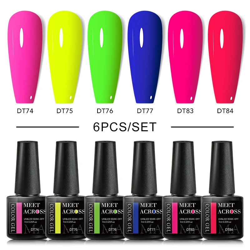 MEET-ACROSS-6Pcs-Set-Florescent-Neon-Gel-Nail-Polish-Sparkly-Glitter ...