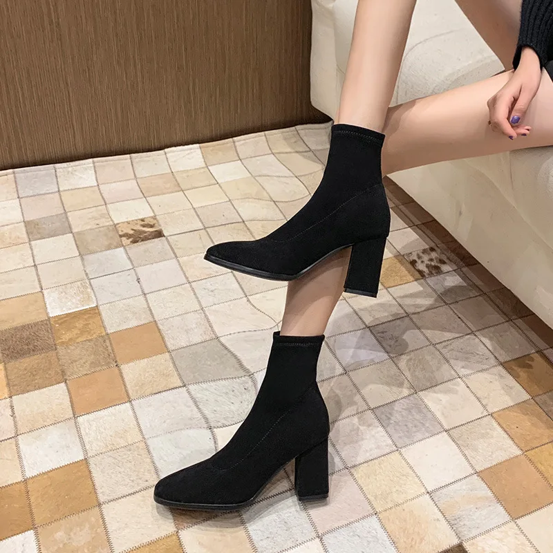 Botas de tacón grueso de tubo corto para mujer, botines puntiagudos de ...