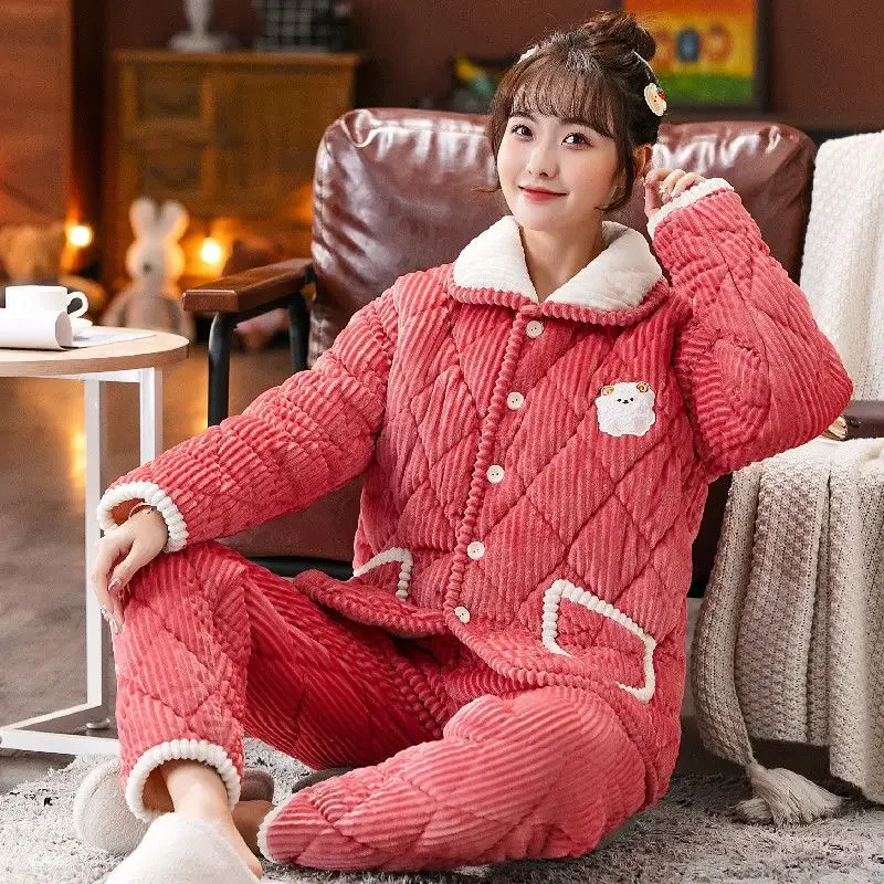 Sleepwear Women Winter Homewear Suit Three Thick Layers Cotton Flannel ...