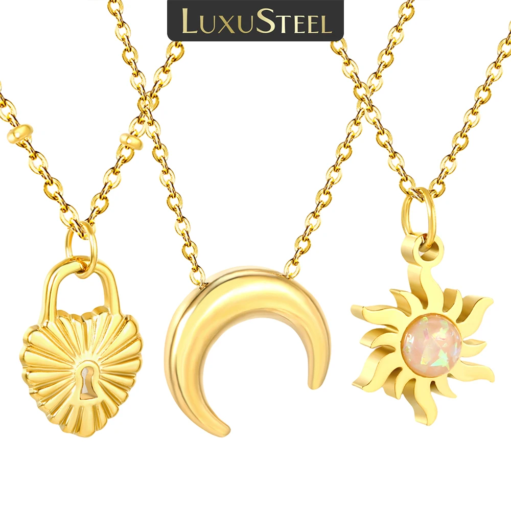 LUXUSTEEL Sun Moon Heart Shaped Golden Pendant Necklace Stainless Steel ...