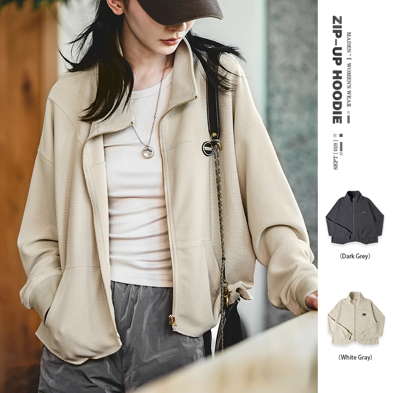 Maden Women's Zipper Hoodies Waffle Ribbed Cuff Casual Jackets Harajuku ...