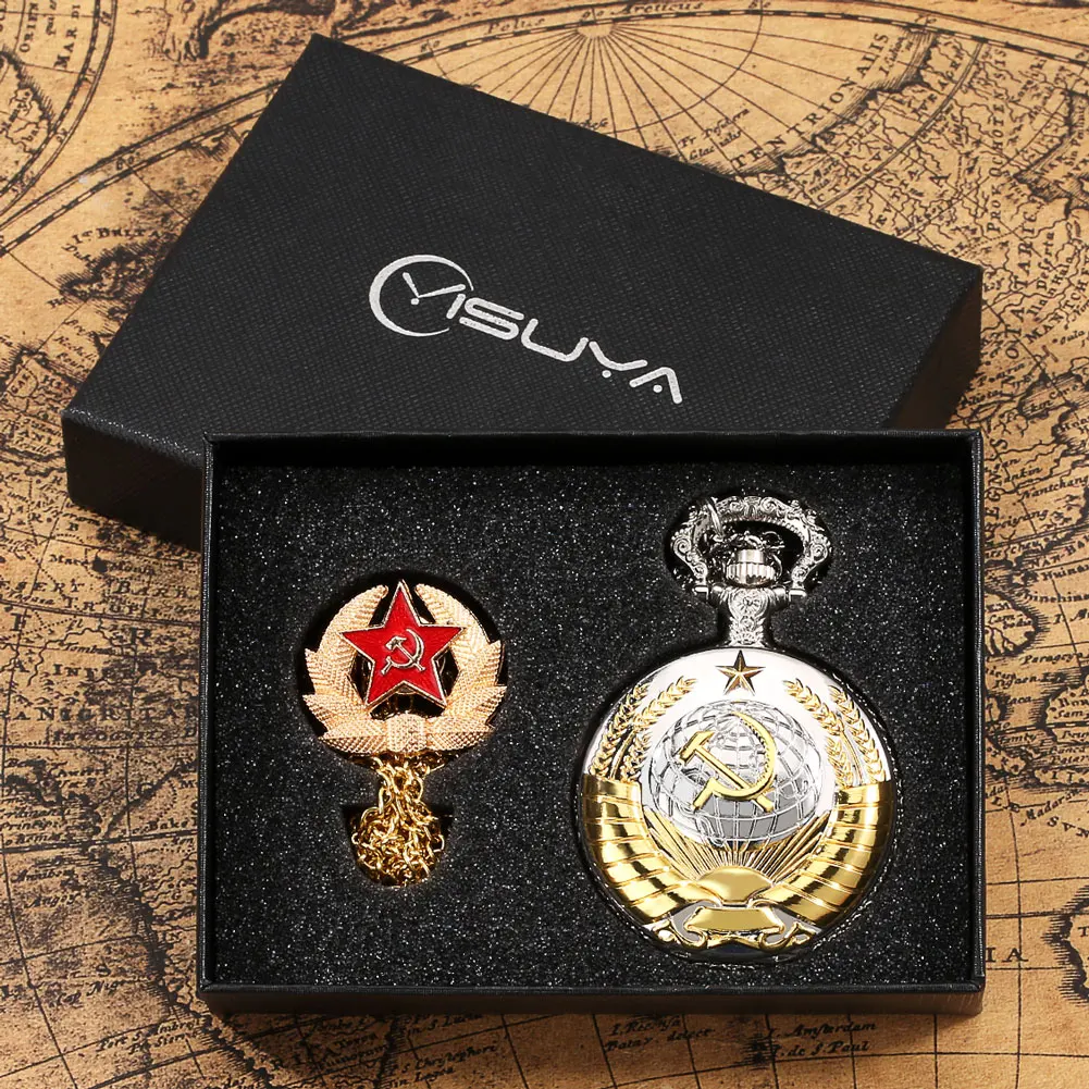 USSR Pocket Watch Set Men CCCP Retro Quartz Clock Male Communist Soviet ...